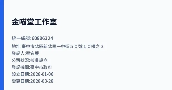 金喵堂工作室的照片-統編 60886324(臺中市) 公司登記資料與營業項目詳細圖表