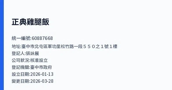 正典雞腿飯的照片-統編 60887668(臺中市) 公司登記資料與營業項目詳細圖表