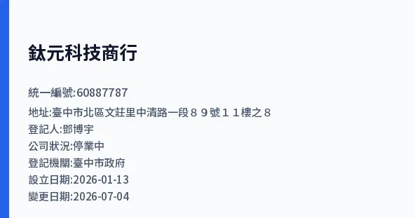 鈦元科技商行的照片-統編 60887787(臺中市) 公司登記資料與營業項目詳細圖表