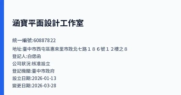 涵寶平面設計工作室的照片-統編 60887822(臺中市) 公司登記資料與營業項目詳細圖表