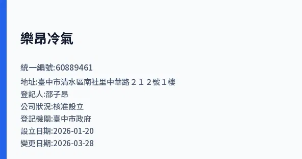 樂昂冷氣的照片-統編 60889461(臺中市) 公司登記資料與營業項目詳細圖表