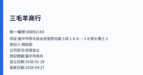 三毛羊商行的照片-統編 60891184(臺中市) 公司登記資料與營業項目詳細圖表