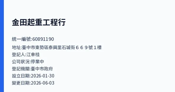 金田起重工程行的照片-統編 60891190(臺中市) 公司登記資料與營業項目詳細圖表