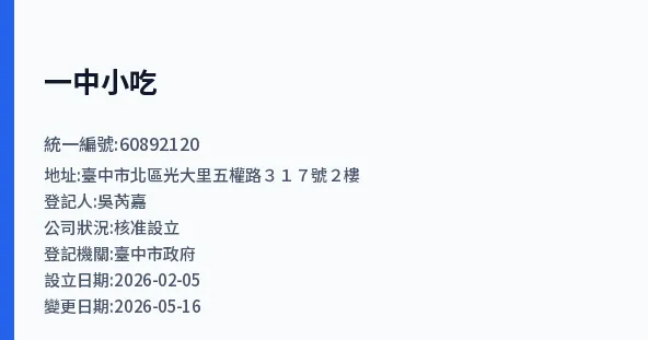 一中小吃的照片-統編 60892120(臺中市) 公司登記資料與營業項目詳細圖表