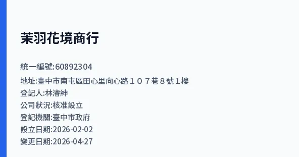 茉羽花境商行的照片-統編 60892304(臺中市) 公司登記資料與營業項目詳細圖表