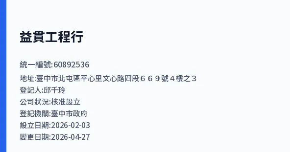 益貫工程行的照片-統編 60892536(臺中市) 公司登記資料與營業項目詳細圖表