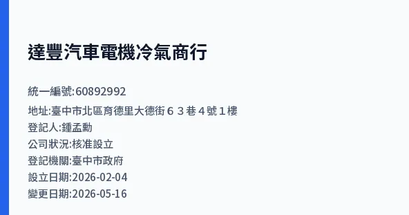 達豐汽車電機冷氣商行的照片-統編 60892992(臺中市) 公司登記資料與營業項目詳細圖表