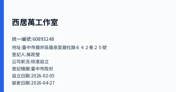 西居萬工作室的照片-統編 60893248(臺中市) 公司登記資料與營業項目詳細圖表