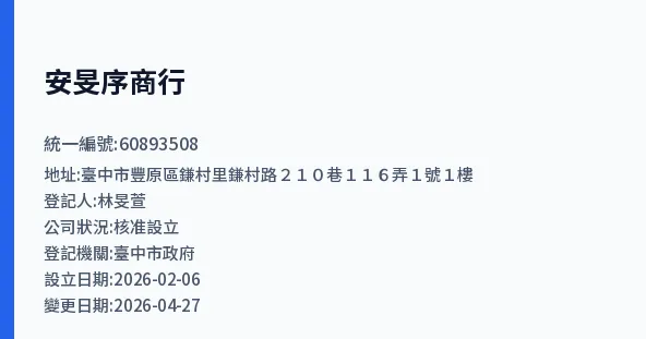 安旻序商行的照片-統編 60893508(臺中市) 公司登記資料與營業項目詳細圖表