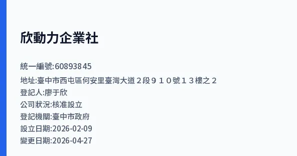 欣動力企業社的照片-統編 60893845(臺中市) 公司登記資料與營業項目詳細圖表