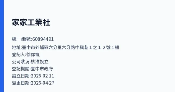 家家工業社的照片-統編 60894491(臺中市) 公司登記資料與營業項目詳細圖表