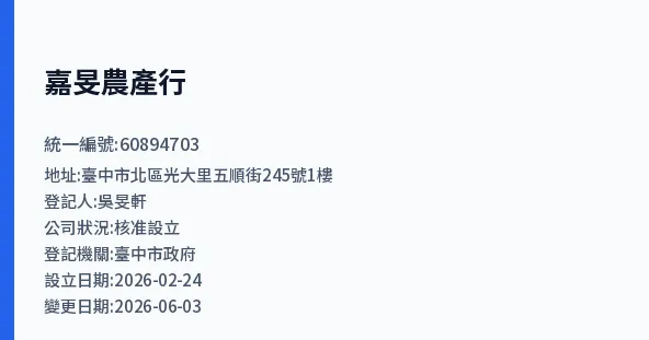 嘉旻農產行的照片-統編 60894703(臺中市) 公司登記資料與營業項目詳細圖表
