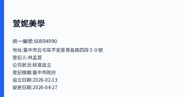萱妮美學的照片-統編 60894990(臺中市) 公司登記資料與營業項目詳細圖表