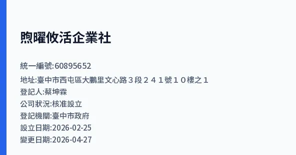 煦曜攸活企業社的照片-統編 60895652(臺中市) 公司登記資料與營業項目詳細圖表