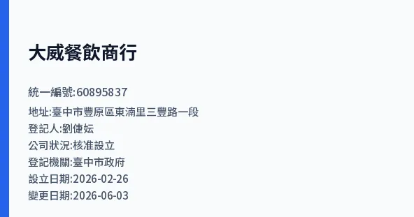 大威餐飲商行的照片-統編 60895837(臺中市) 公司登記資料與營業項目詳細圖表