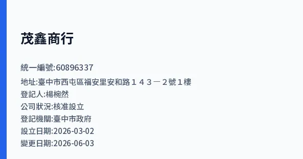 茂鑫商行的照片-統編 60896337(臺中市) 公司登記資料與營業項目詳細圖表