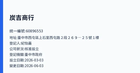 炭吉商行的照片-統編 60896553(臺中市) 公司登記資料與營業項目詳細圖表