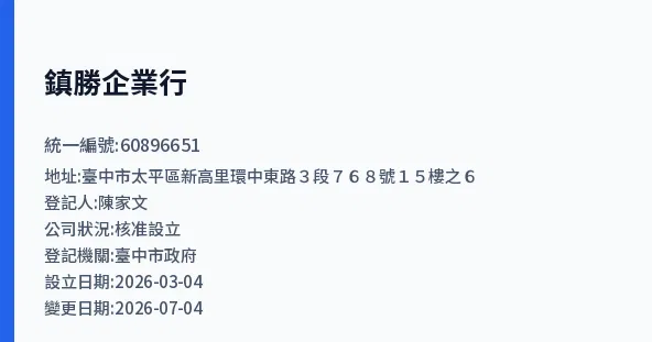 鎮勝企業行的照片-統編 60896651(臺中市) 公司登記資料與營業項目詳細圖表