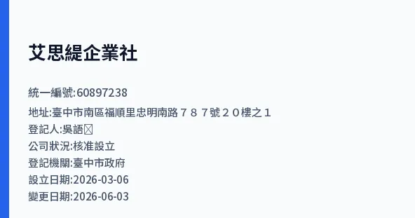 艾思緹企業社的照片-統編 60897238(臺中市) 公司登記資料與營業項目詳細圖表