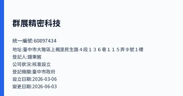 群展精密科技的照片-統編 60897434(臺中市) 公司登記資料與營業項目詳細圖表