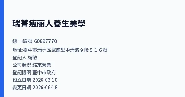 瑞菁瘦丽人養生美學的照片-統編 60897770 公司登記資料與營業項目詳細圖表