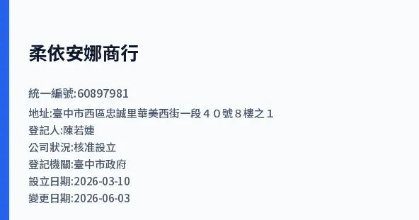 柔依安娜商行的照片-統編 60897981(臺中市) 公司登記資料與營業項目詳細圖表