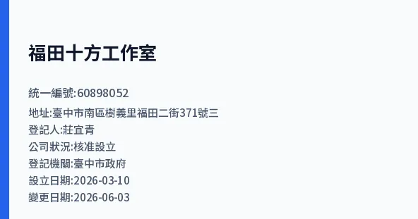 福田十方工作室的照片-統編 60898052(臺中市) 公司登記資料與營業項目詳細圖表