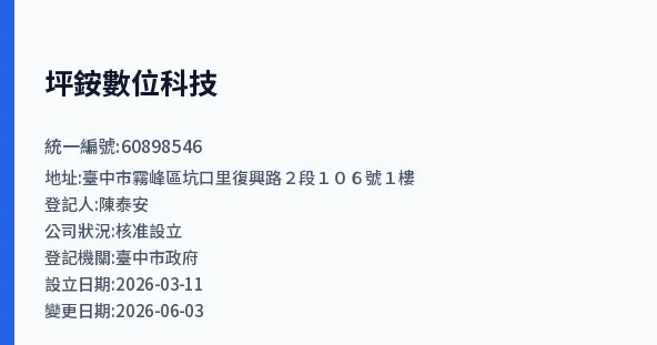 坪銨數位科技的照片-統編 60898546(臺中市) 公司登記資料與營業項目詳細圖表
