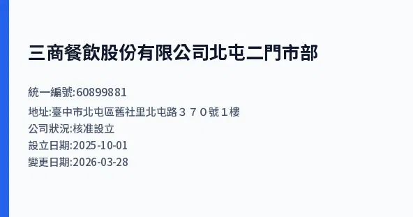三商餐飲股份有限公司北屯二門市部的照片-統編 60899881(臺中市) 公司登記資料與營業項目詳細圖表