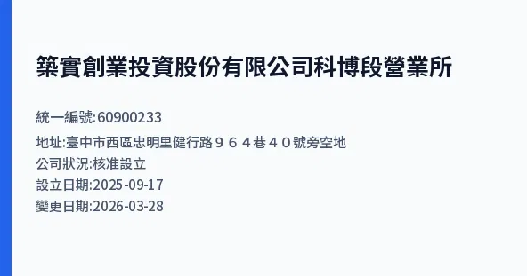 築實創業投資股份有限公司科博段營業所的照片-統編 60900233(臺中市) 公司登記資料與營業項目詳細圖表