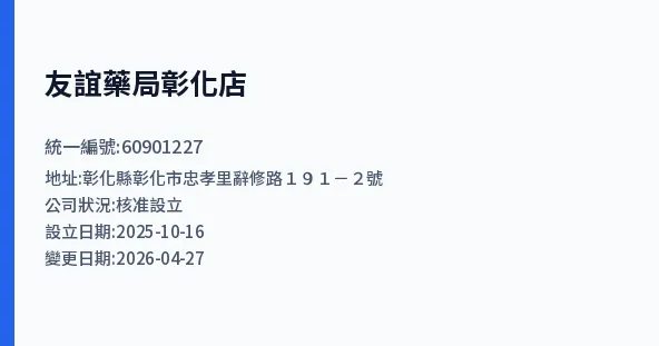 友誼藥局彰化店的照片-統編 60901227(彰化縣) 公司登記資料與營業項目詳細圖表