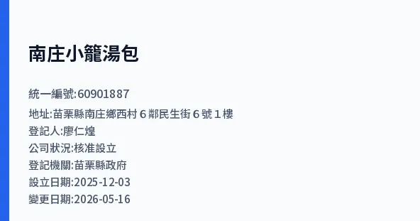 南庄小籠湯包的照片-統編 60901887(苗栗縣) 公司登記資料與營業項目詳細圖表