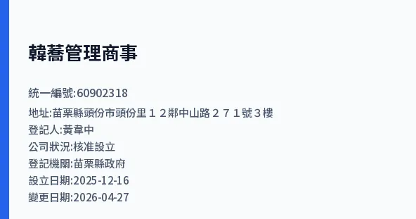 韓蕎管理商事的照片-統編 60902318(苗栗縣) 公司登記資料與營業項目詳細圖表