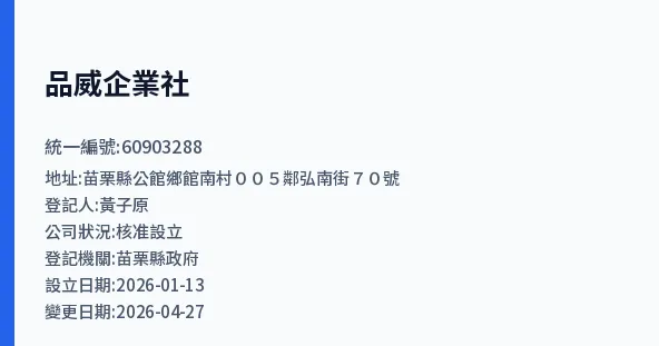 品威企業社的照片-統編 60903288(苗栗縣) 公司登記資料與營業項目詳細圖表