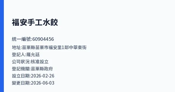 福安手工水餃的照片-統編 60904456(苗栗縣) 公司登記資料與營業項目詳細圖表