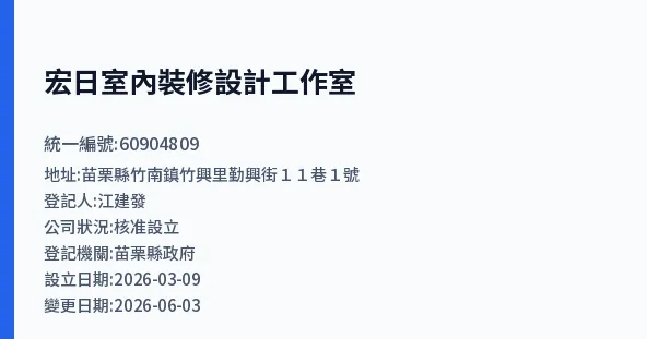 宏日室內裝修設計工作室的照片-統編 60904809(苗栗縣) 公司登記資料與營業項目詳細圖表