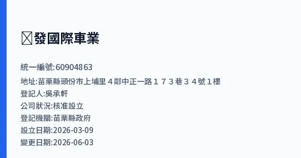 匛發國際車業的照片-統編 60904863(苗栗縣) 公司登記資料與營業項目詳細圖表