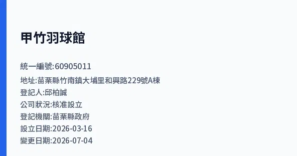 甲竹羽球館的照片-統編 60905011(苗栗縣) 公司登記資料與營業項目詳細圖表