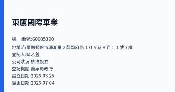 東鷹國際車業的照片-統編 60905390(苗栗縣) 公司登記資料與營業項目詳細圖表