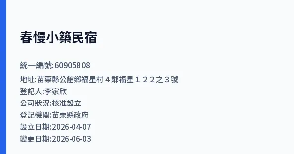 春慢小築民宿的照片-統編 60905808(苗栗縣) 公司登記資料與營業項目詳細圖表
