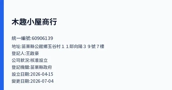 木趣小屋商行的照片-統編 60906139(苗栗縣) 公司登記資料與營業項目詳細圖表