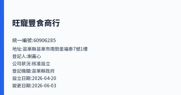 旺寵豐食商行的照片-統編 60906285(苗栗縣) 公司登記資料與營業項目詳細圖表