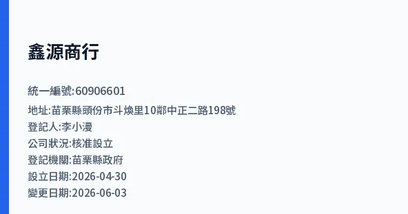 鑫源商行的照片-統編 60906601(苗栗縣) 公司登記資料與營業項目詳細圖表
