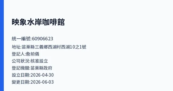 映象水岸咖啡館的照片-統編 60906623(苗栗縣) 公司登記資料與營業項目詳細圖表