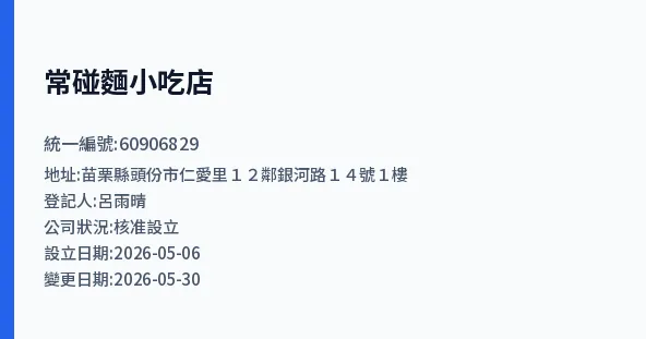 常碰麵小吃店的照片-統編 60906829(苗栗縣) 公司登記資料與營業項目詳細圖表