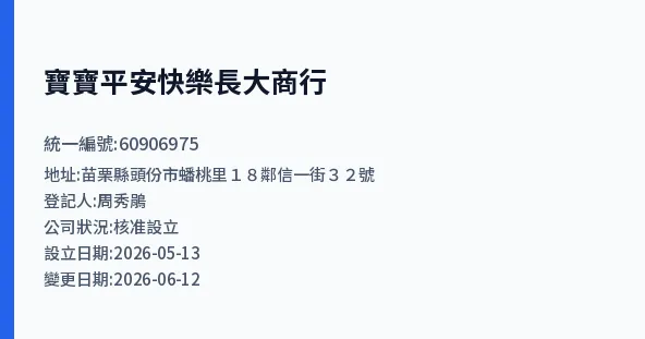 寶寶平安快樂長大商行的照片-統編 60906975(苗栗縣) 公司登記資料與營業項目詳細圖表