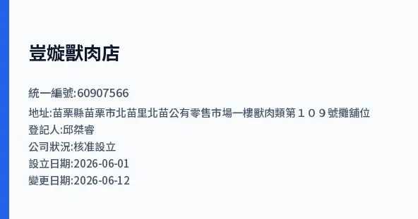 豈嫙獸肉店的照片-統編 60907566(苗栗縣) 公司登記資料與營業項目詳細圖表