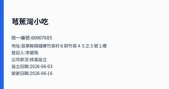 芎蕉灣小吃的照片-統編 60907685(苗栗縣) 公司登記資料與營業項目詳細圖表