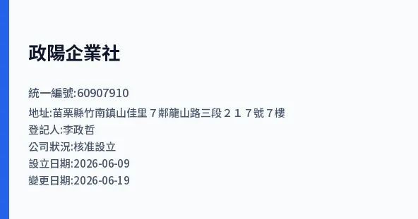 政陽企業社的照片-統編 60907910(苗栗縣) 公司登記資料與營業項目詳細圖表