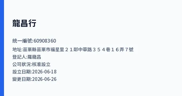 龍昌行的照片-統編 60908360(苗栗縣) 公司登記資料與營業項目詳細圖表